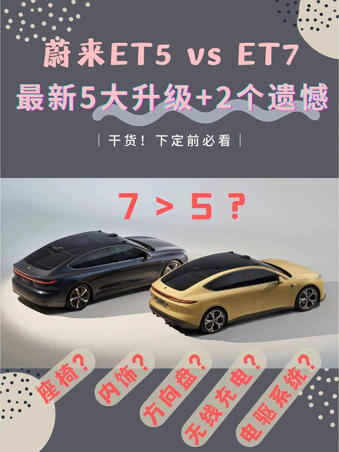 【文章】蔚来et5相比et7的五大升级和两个遗憾！et5马上要在成都车展亮相，纠结5还是7的朋友们看过来！et5究竟是et7的低配版，还是有哪些亮点？总结了et5相比et7的5大升级，和2个 ...