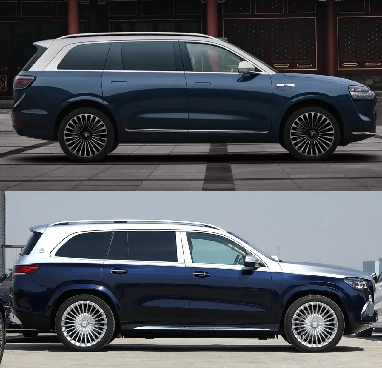 【文章】奔驰迈巴赫GLS:我的外观设计很霸气。问界M9:我也搞一个。奔驰迈巴赫GLS:车身上半部分采用银色镀铬层，高端霸气上档次，回头率杠杠的 ...