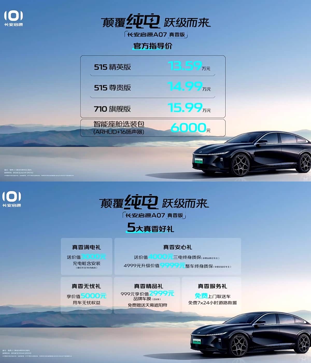 【文章】纯电已经开始比混动便宜了比如长安启源A07，纯电版13.59-15.99万元，续航515-710km，电池包58.1和80度，已经比混动版便宜了混动版（增程）15.59-17.59万元 ...