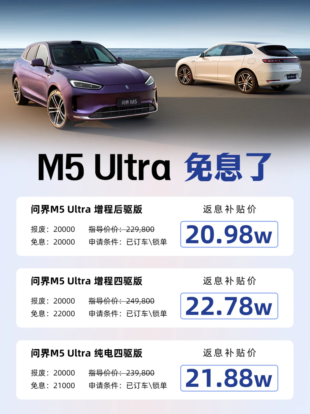 【文章】问界M5 Ultra预售价23.8万元起（较老款下调1.2万），智驾系统、座椅通风/加热/按摩等豪华配置全系标配。新车全系标配高阶智驾。增程版：1.5T增程器+40kWh电池，CLTC ...